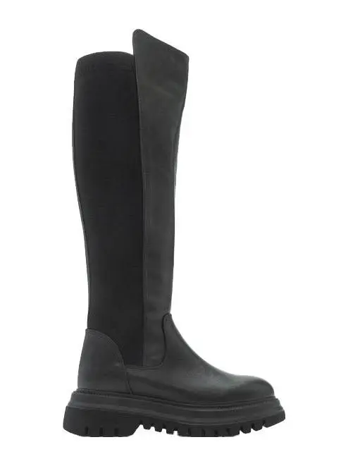 PROLOGUE SHOES Knee High Boot - Black Stretch Faux Leather