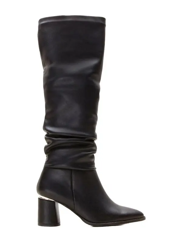 PROLOGUE SHOES Vianella Block Heel Knee High Boots - Black Faux Leather
