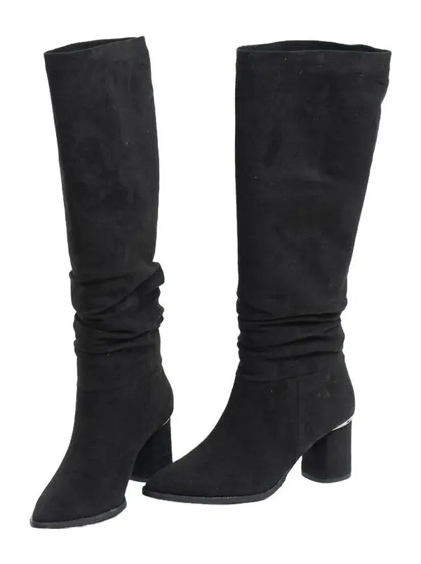 PROLOGUE SHOES Vianella Block Heel Knee High Boots - Black Suede Faux Leather