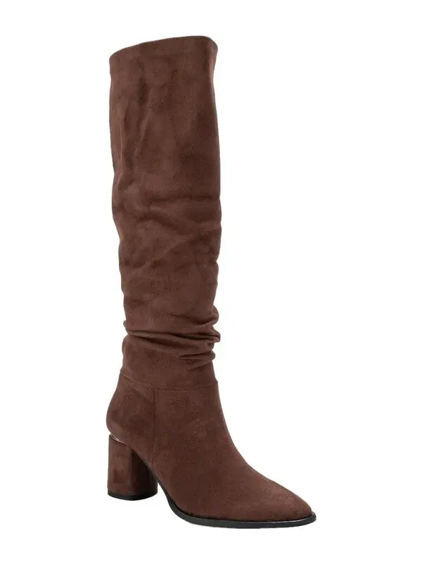 PROLOGUE SHOES Vianella Block Heel Knee High Boots - Brown Suede Faux Leather