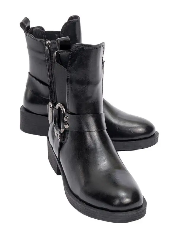 PROLOGUE SHOES Buckled Zip Ankle Boots - Black Faux Leather