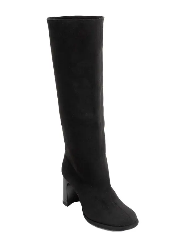 PROLOGUE SHOES Josette Knee High Block Heel Boots - Black Suede Faux Leather
