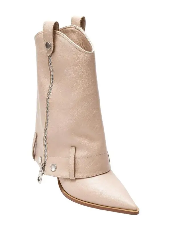 PROLOGUE SHOES Pointed Toe Heeled Boots - Beige Faux Leather