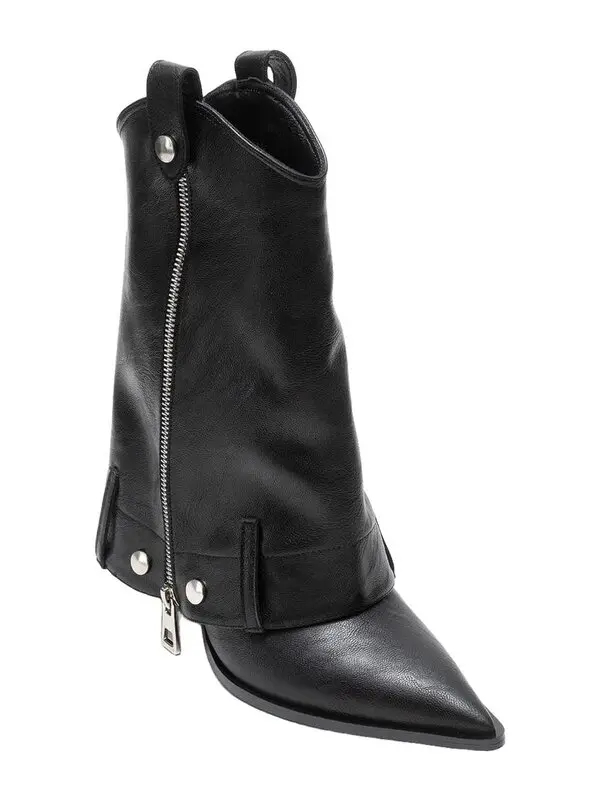 PROLOGUE SHOES Pointed Toe Heeled Boots - Black Faux Leather