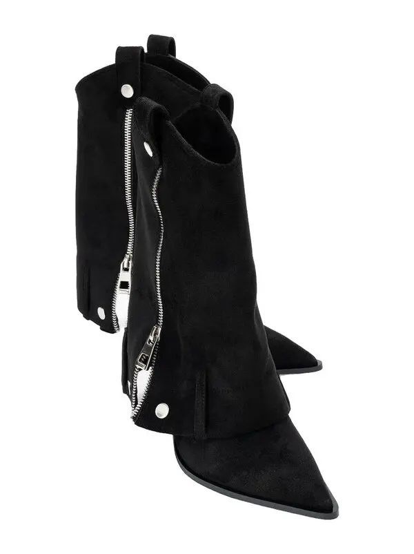 PROLOGUE SHOES Pointed Toe Heeled Boots - Black Suede Faux Leather