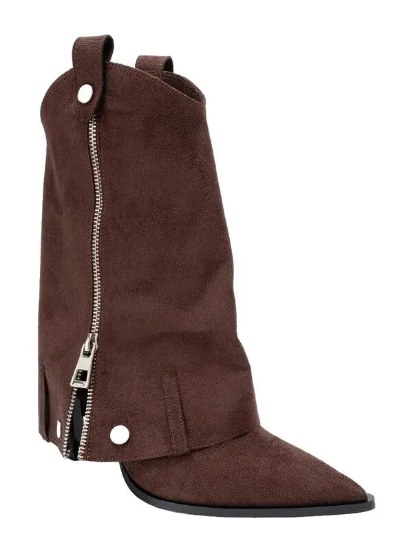 PROLOGUE SHOES Pointed Toe Heeled Boots - Brown Suede Faux Leather