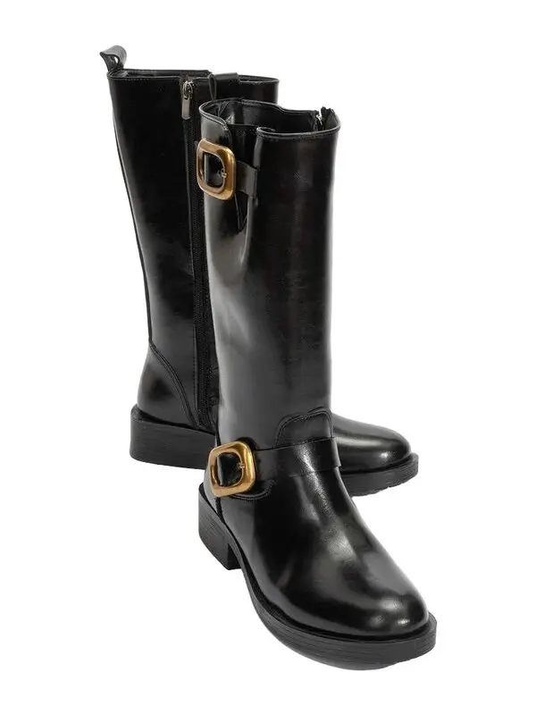 PROLOGUE SHOES Grand Buckled Boots - Black Faux Leather