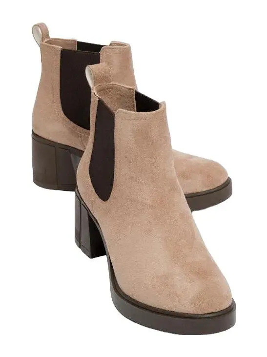 PROLOGUE SHOES Platform Chelsea Boots - Beige Suede Faux Leather