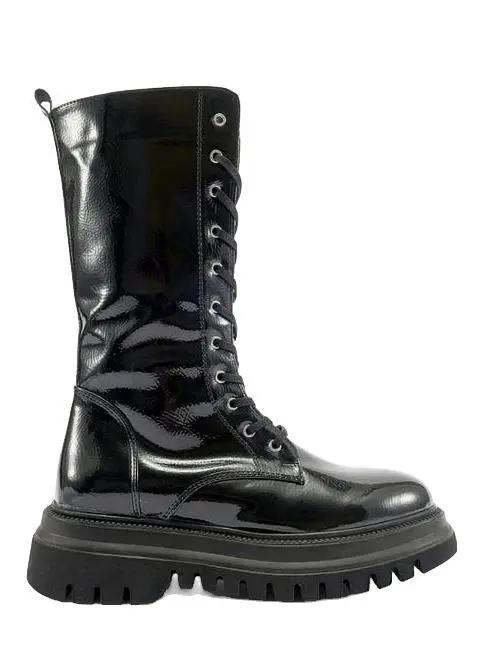 PROLOGUE SHOES Piola Combat Boot - Black Patent Faux Leather