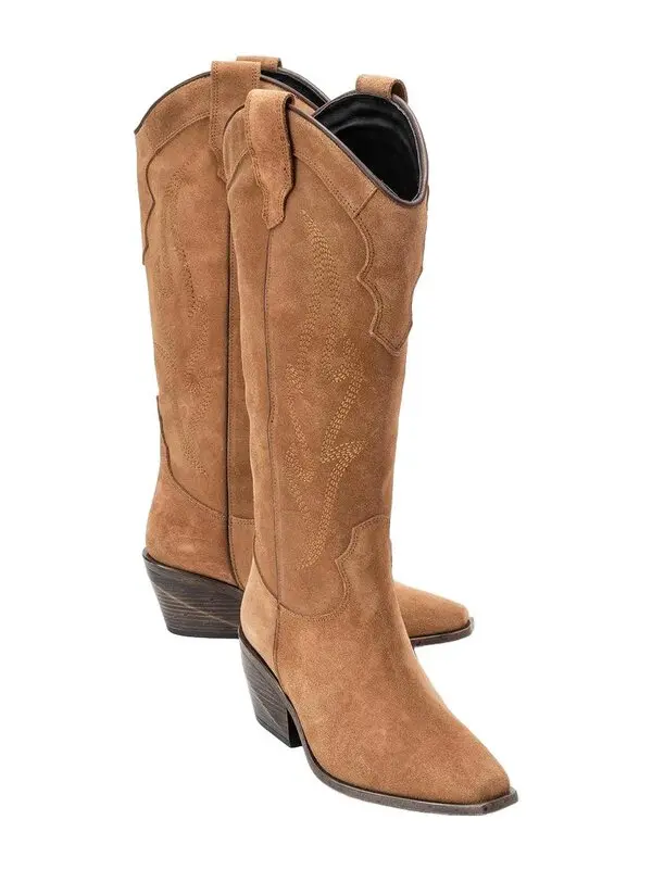 FOREVER & ALWAYS SHOES Pietro Leather Western Knee High Boots - Cognac Suede Leather