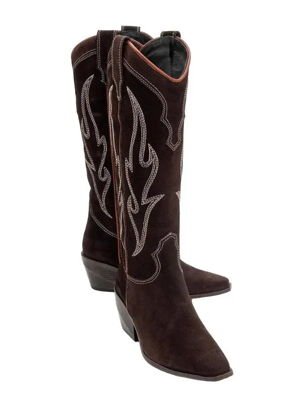 FOREVER & ALWAYS SHOES Pietro Leather Western Knee High Boots - Dark Brown Suede Leather