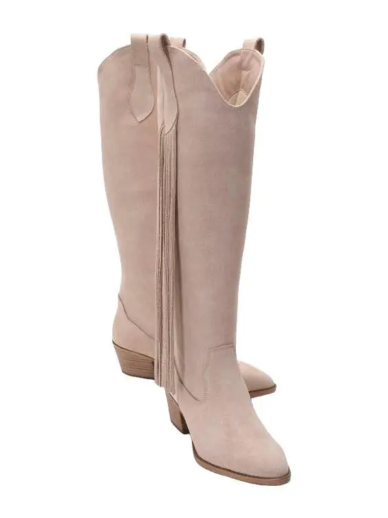 FOREVER & ALWAYS SHOES Rios Leather Fringe Knee High Boots - Beige Suede Leather