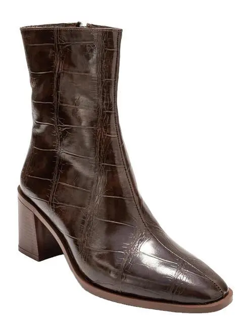 PROLOGUE SHOES Chara Block Heel Ankle Boots - Brown Pattern Faux Leather