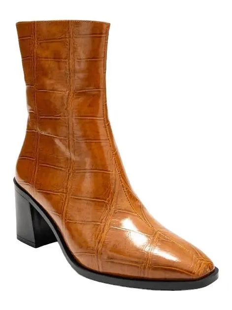 PROLOGUE SHOES Chara Block Heel Ankle Boots - Cognac Print Faux Leather