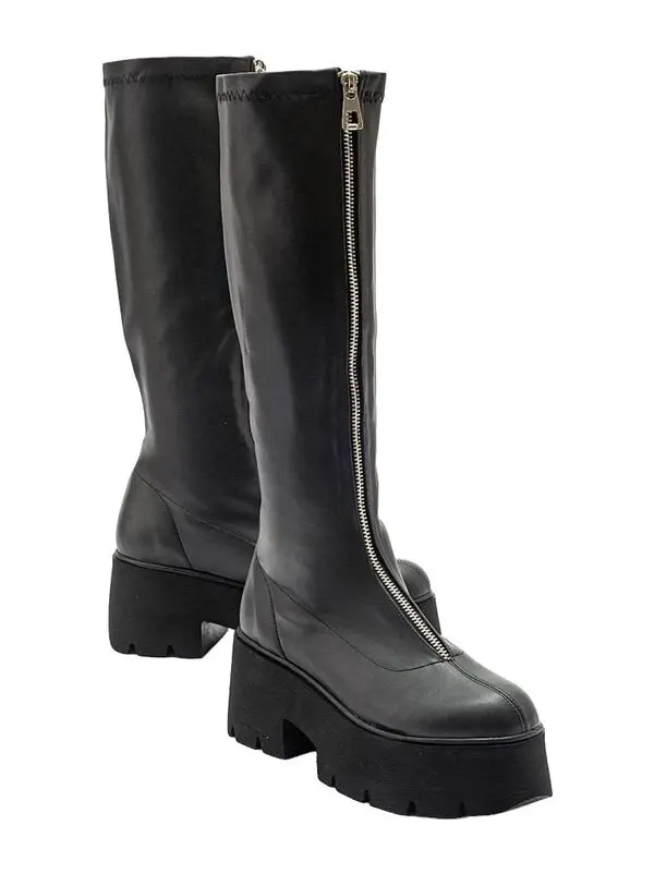 PROLOGUE SHOES Amaronte Chunky Zip-up Boots - Black Stretch Faux Leather