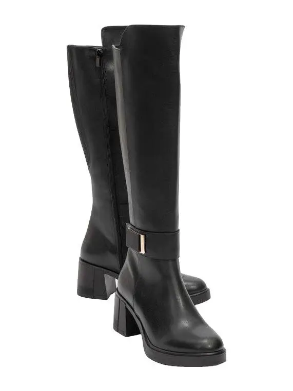 PROLOGUE SHOES Moreni Stretch Buckle Block Heel Knee High Boots - Black Stretch Faux Leather