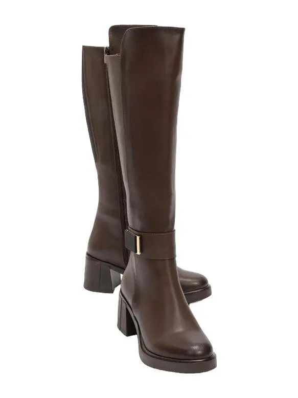 PROLOGUE SHOES Moreni Stretch Buckle Block Heel Knee High Boots - Brown Stretch Faux Leather