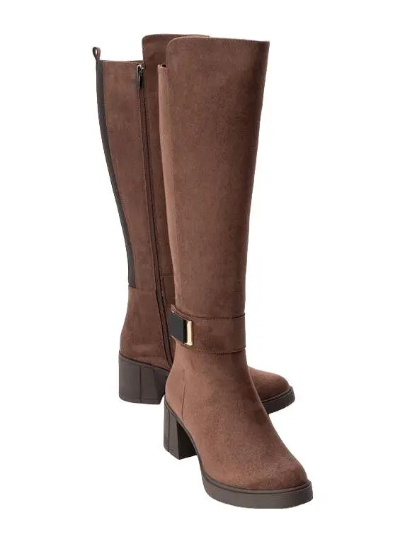PROLOGUE SHOES Moreni Stretch Buckle Block Heel Knee High Boots - Brown Suede Faux Leather