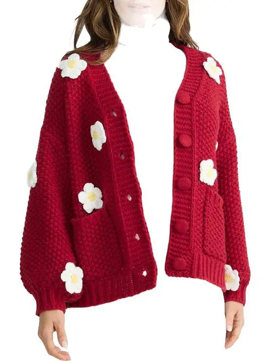 BRAVE+TRUE Budburst Crochet Appliqué Knit Cardigan - Cherry