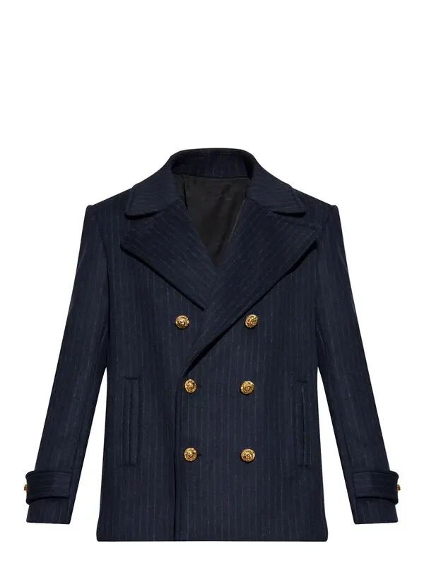 Balmain Pinstripe Wool Coat - Navy Blue