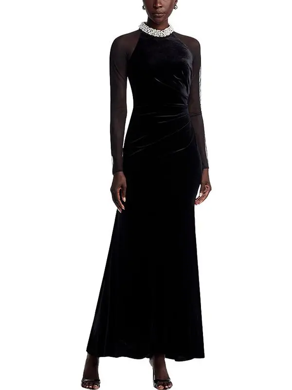 Eliza J Necklace Collar Illusion Sleeve Velvet Gown - Black