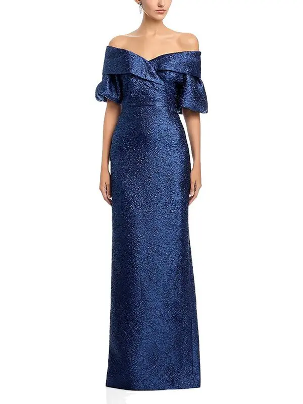 Rickie Freeman For Teri Jon Metallic Jacquard Puff Sleeve Gown - Sapphire