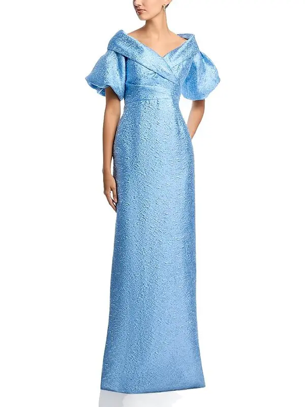 Rickie Freeman For Teri Jon Metallic Jacquard Puff Sleeve Gown - Sky Blue