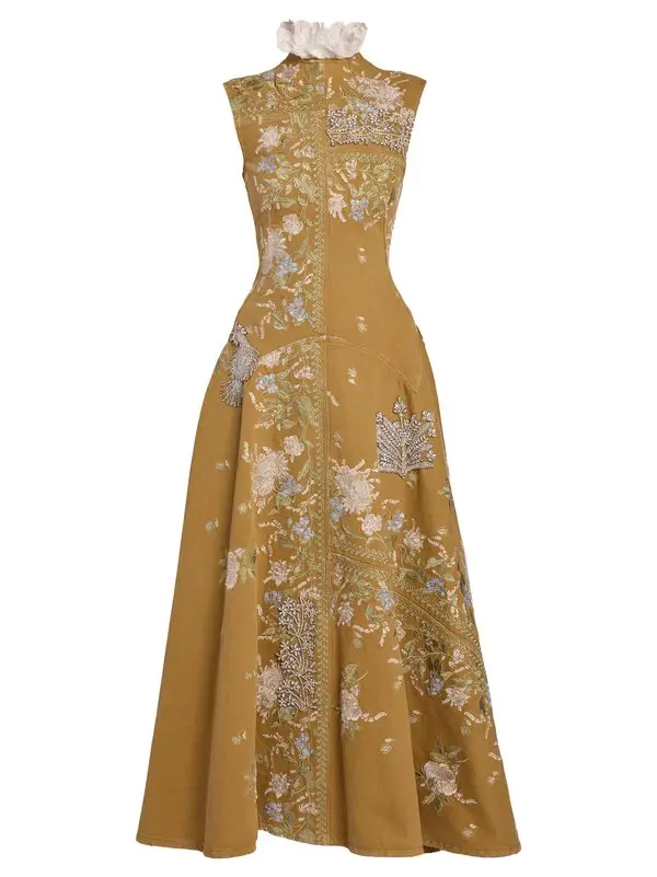 Erdem Embroidered Denim Midi Dress - Tan
