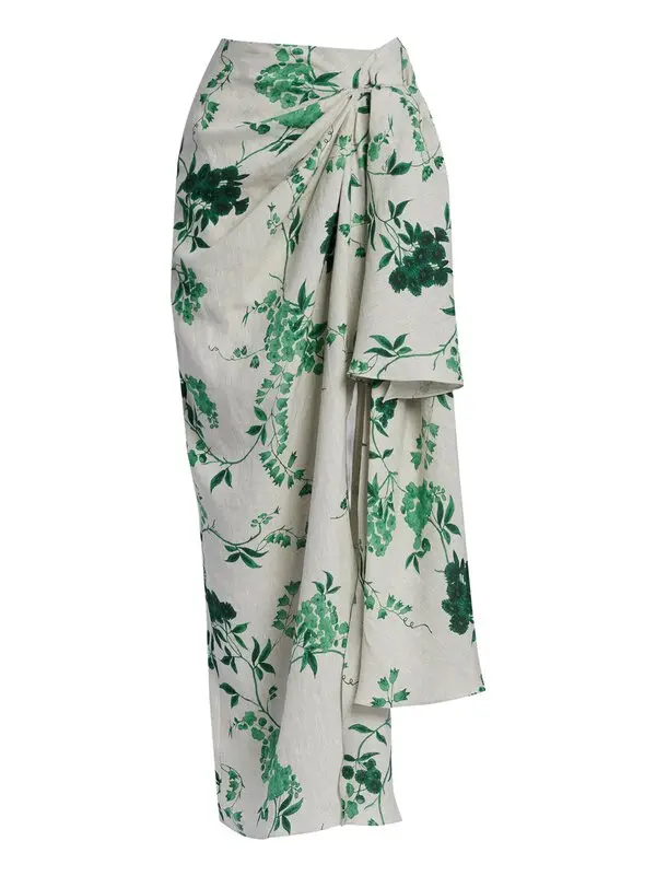 Erdem Floral Draped Linen Midi Skirt - Green