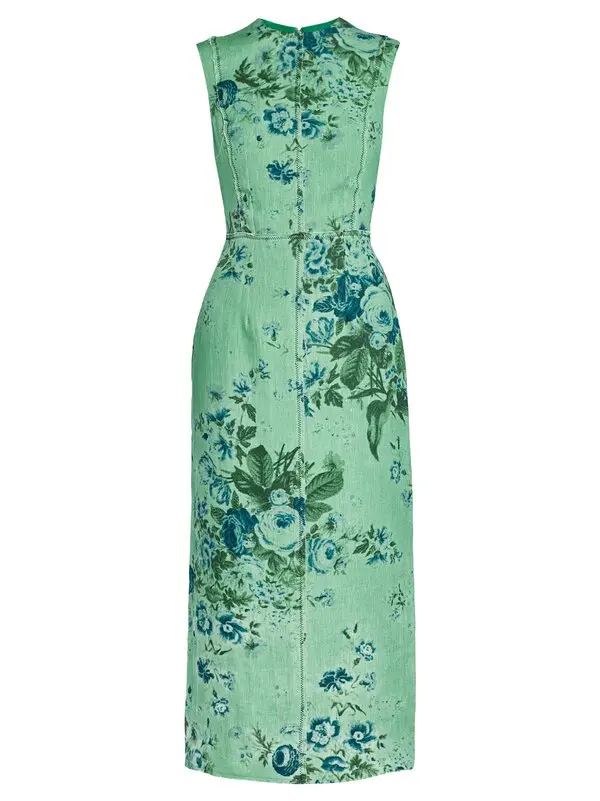 Erdem Printed Linen Pencil Midi Dress - Green