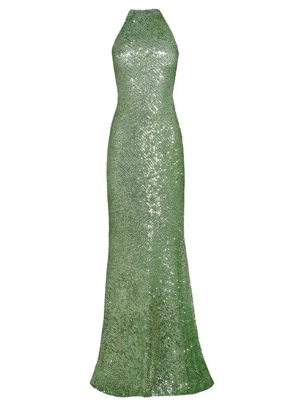 Naeem Khan Stretch Sequin Halter Gown - Green