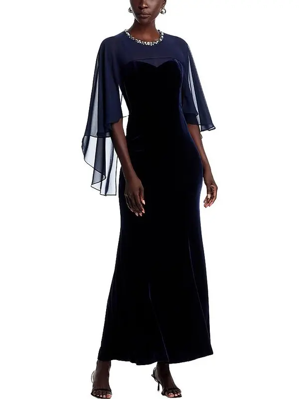 Eliza J Embellished Neck Cape Mermaid Gown - Navy