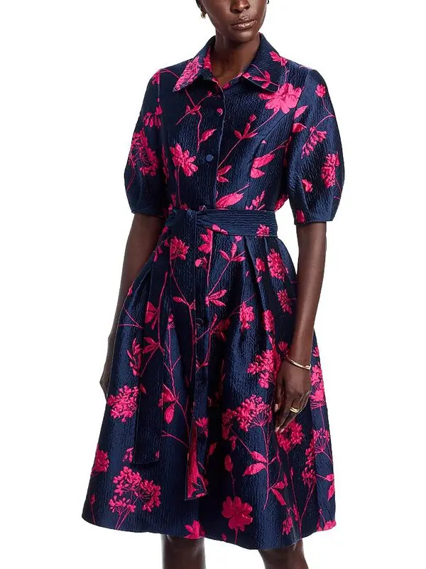 Rickie Freeman For Teri Jon Jacquard Puff Sleeve Dress - Navy Red