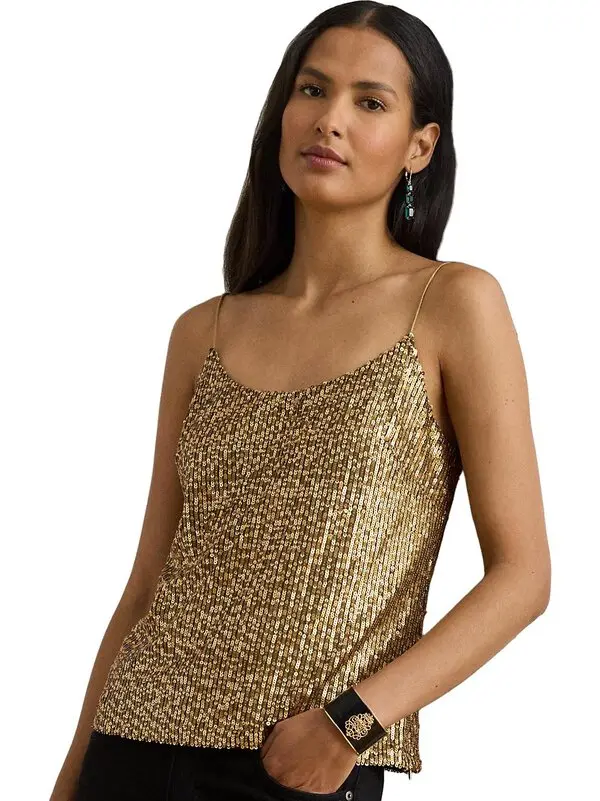 Ralph Lauren Sequined Mesh Camisole - Gold Multi