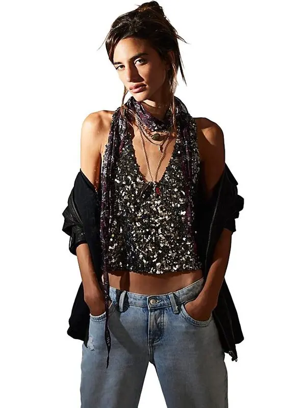Free People Faye Shine Embellished Vest - Gun Metal