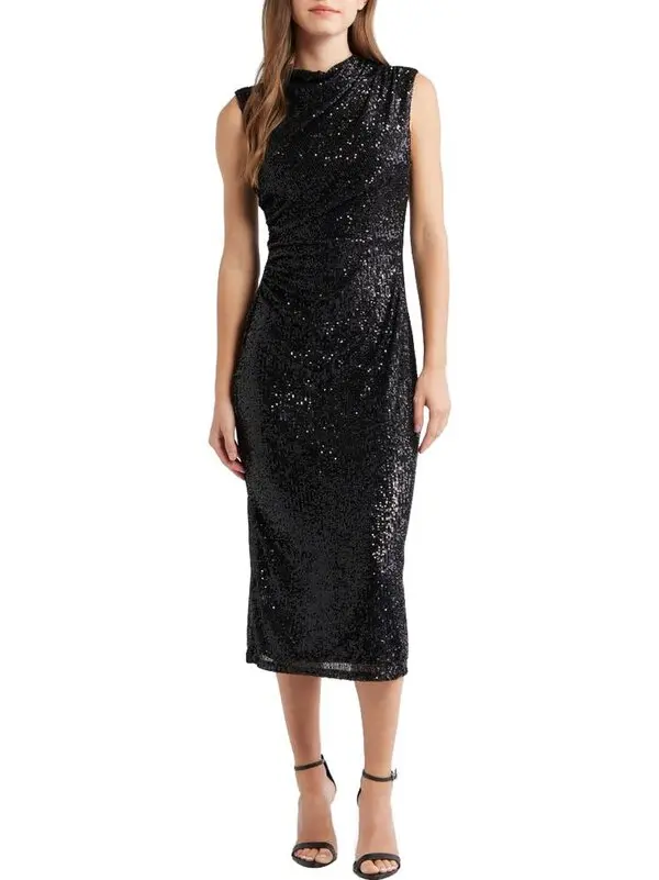 Anne Klein Draped Sleeveless Sequin Sheath Midi Dress - Anne Black