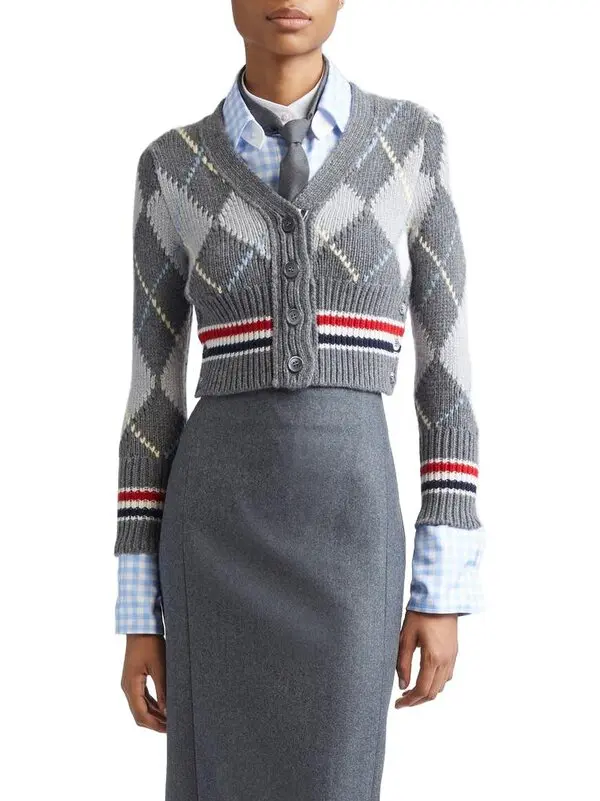 Thom Browne Argyle Intarsia Shrunken Virgin Wool Blend Cardigan - Tonal Grey