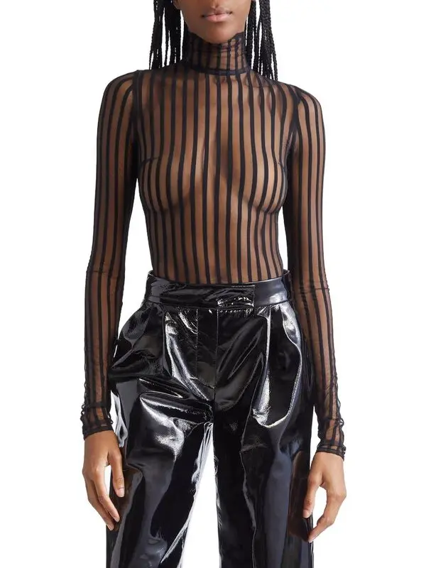 LAQUAN SMITH Illusion Stripe Turtleneck Bodysuit - Black