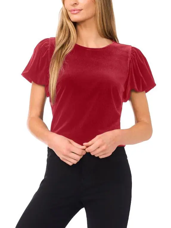 CECE DUPRAZ Puff Sleeve Stretch Velvet Top - Red Maple