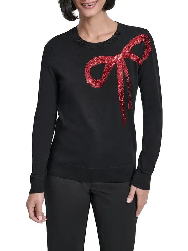 Dkny Sequin Bow Embellished Crewneck Sweater - Black/city Crimson