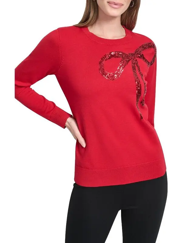 Dkny Sequin Bow Embellished Crewneck Sweater - City Crimson