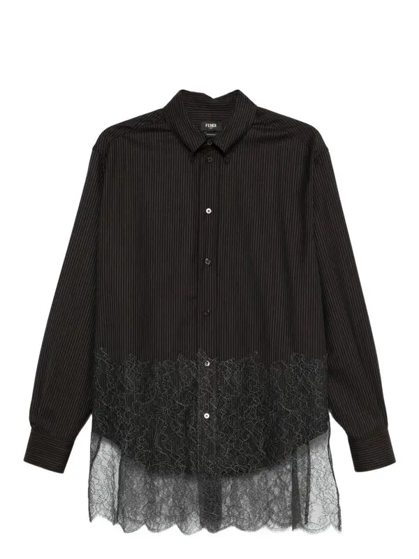 Fendi Black Pinstriped Wool Shirt With Lace - Brown