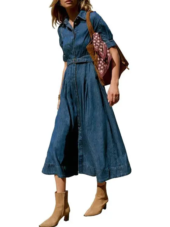 Mint Velvet Denim Midi Shirt Dress With Belt - Navy