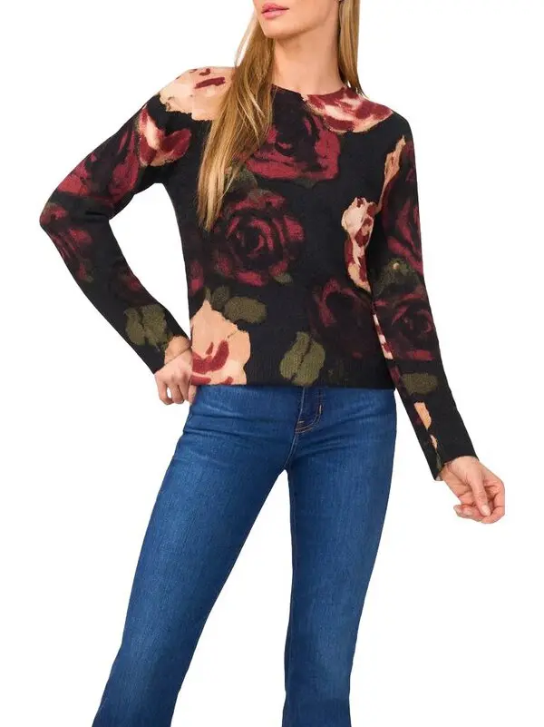 Halogen Floral Print Crewneck Sweater - Rich Black