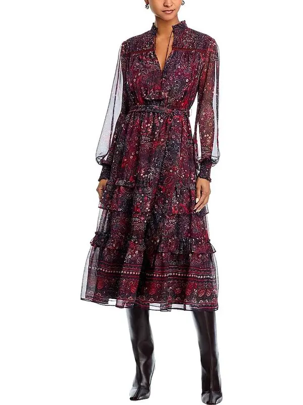 Aqua Long Sleeve Paisley Border Dot Midi Dress - Metallic Paisley