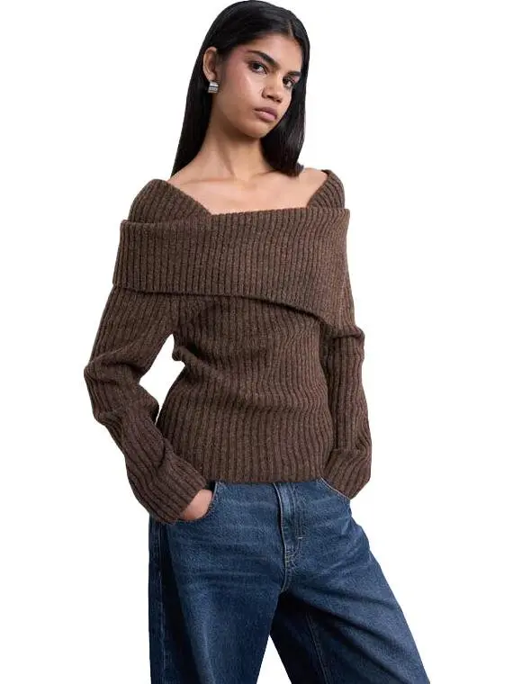 Topshop Ribbed Off-the-shoulder Sweater - Brown