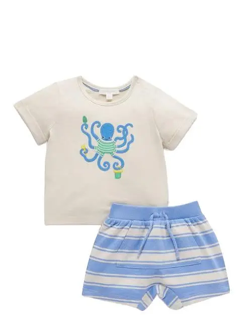 PUREBABY Octopus Short & Tee Set - Ocean Stripe