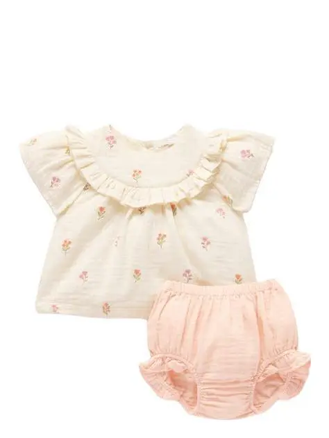 PUREBABY Embroidered Ruffle Top And Bloomer Set - Cloud Sprig Broderie