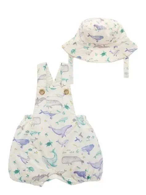 PUREBABY Short Leg Overall & Hat Set - Whale Print