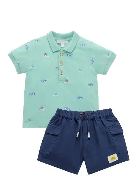 PUREBABY Shark Polo Shirt & Short Set - Shark Broderie